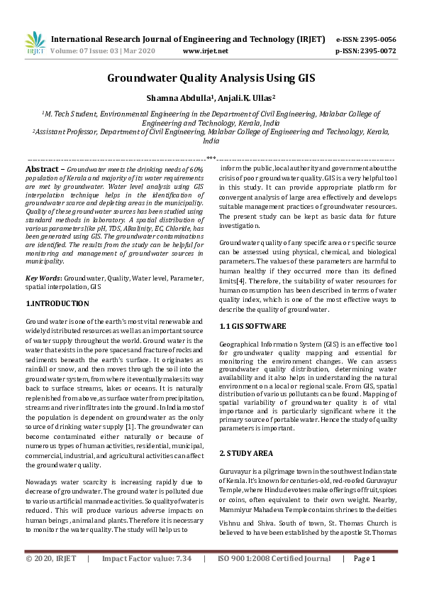(PDF) IRJET- Groundwater Quality Analysis Using GIS