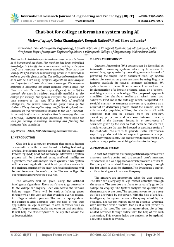 (PDF) IRJET- Chat-bot for college information system using AI