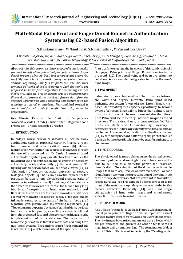 (PDF) IRJET- Multi-Modal Palm Print and Finger Dorsal Biometric Authentication System using C2 ...