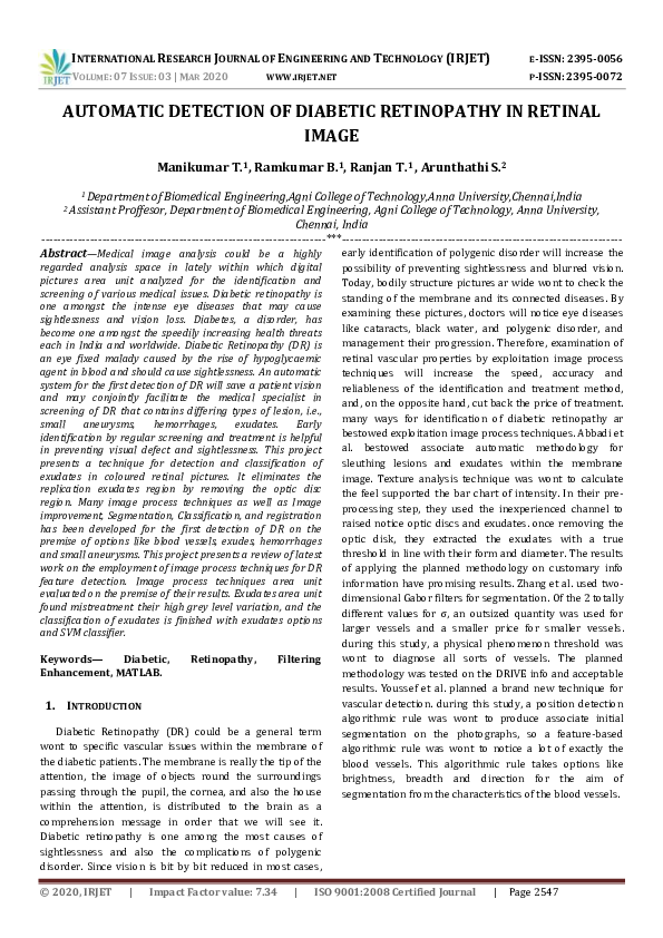 (PDF) IRJET- AUTOMATIC DETECTION OF DIABETIC RETINOPATHY IN RETINAL IMAGE