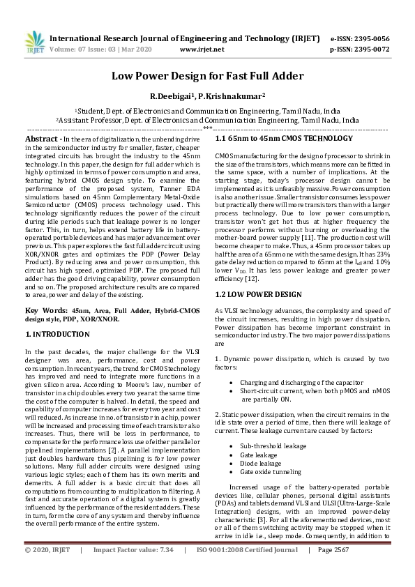 Pdf Irjet Low Power Design For Fast Full Adder