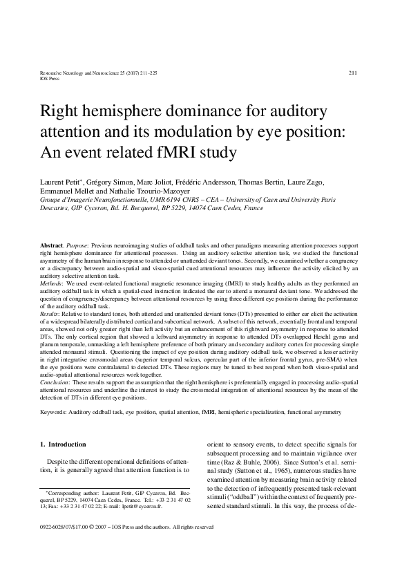 (PDF) Right hemisphere dominance for auditory attention and its modulation by eye position: An ...