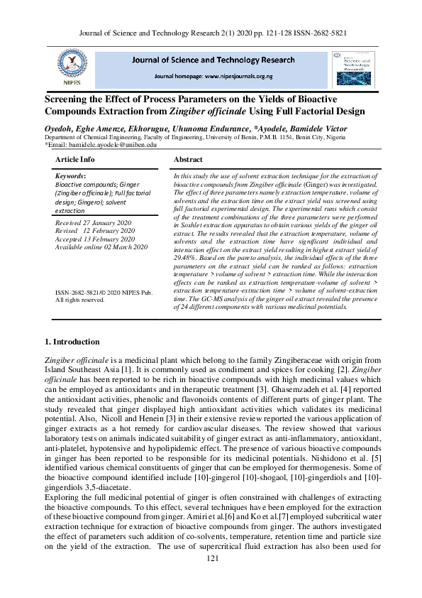 (PDF) Screening the Effect of Process Parameters on the Yields of Bioactive Compounds Extraction ...