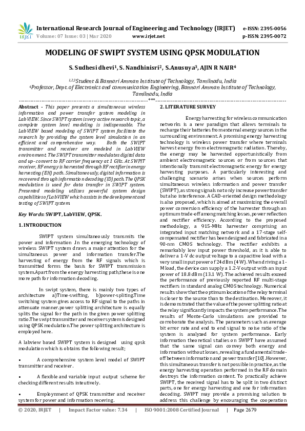 Pdf Irjet Modeling Of Swipt System Using Qpsk Modulation