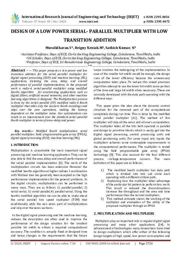 (PDF) IRJET- DESIGN OF A LOW POWER SERIAL-PARALLEL MULTIPLIER WITH LOW ... (PDF) IRJET- DESIGN OF A LOW POWER SERIAL-PARALLEL MULTIPLIER WITH LOW ...