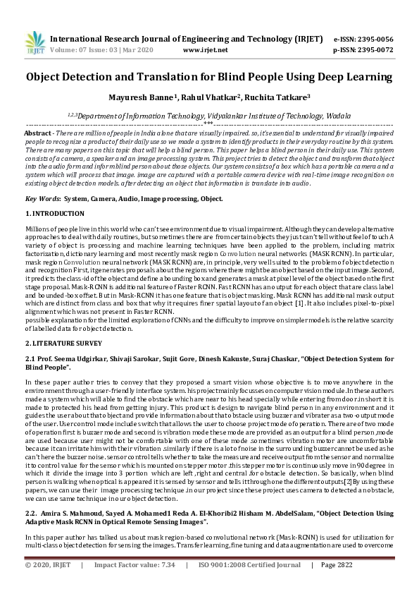 (PDF) IRJET- Object Detection and Translation for Blind People Using Deep Learning