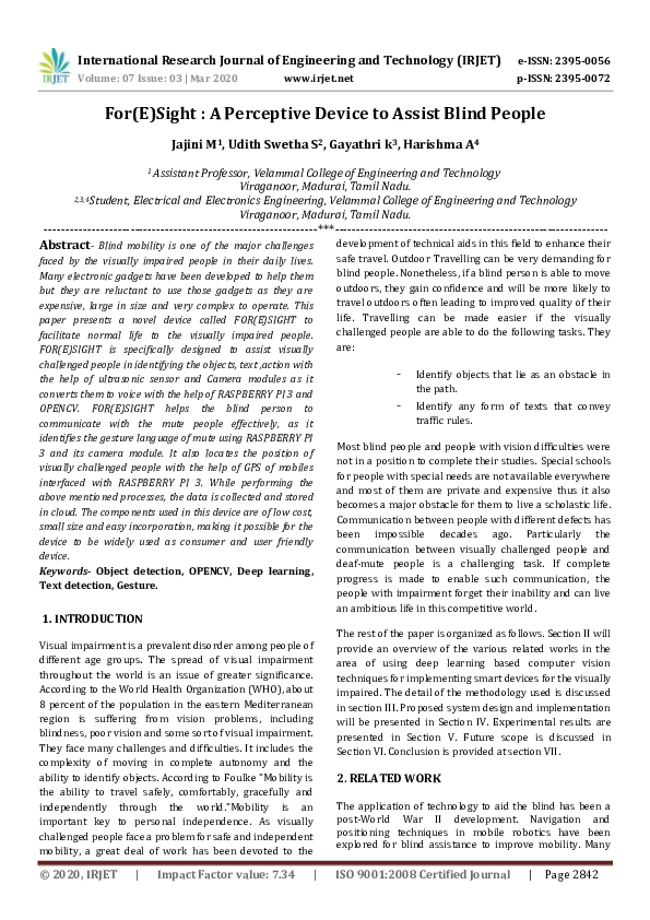 (PDF) IRJET- For(E)Sight : A Perceptive Device to Assist Blind People
