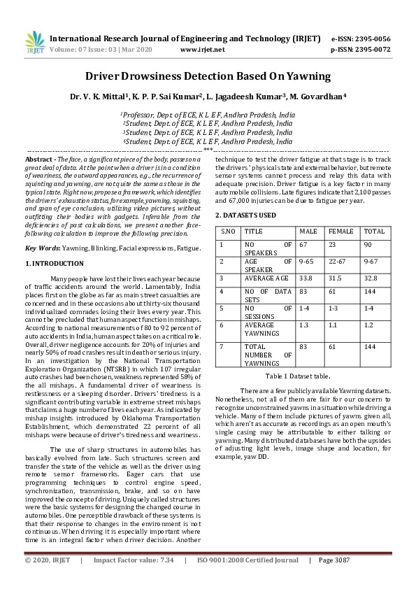 (PDF) IRJET- Driver Drowsiness Detection Based On Yawning (PDF) IRJET- Driver Drowsiness Detection Based On Yawning