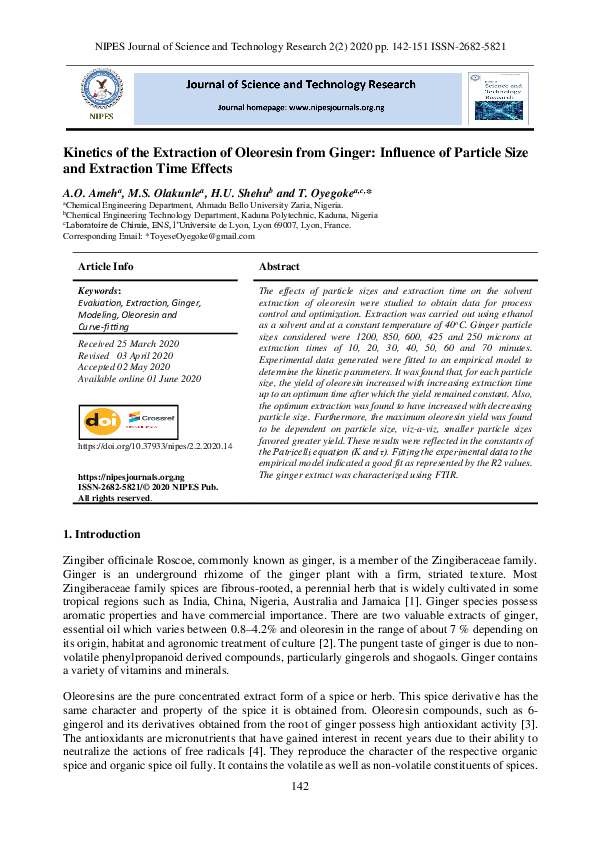 Pdf Kinetics Of The Extraction Of Oleoresin From Ginger Influence Of