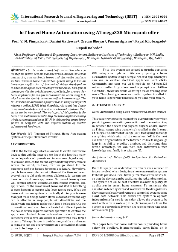 (PDF) IoT based Home Automation using ATmega328 Microcontroller