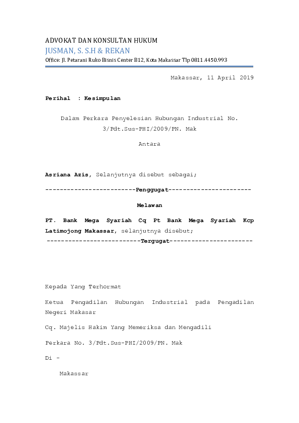 (DOC) CONTOH KESIMPULAN GUGATAN PHI