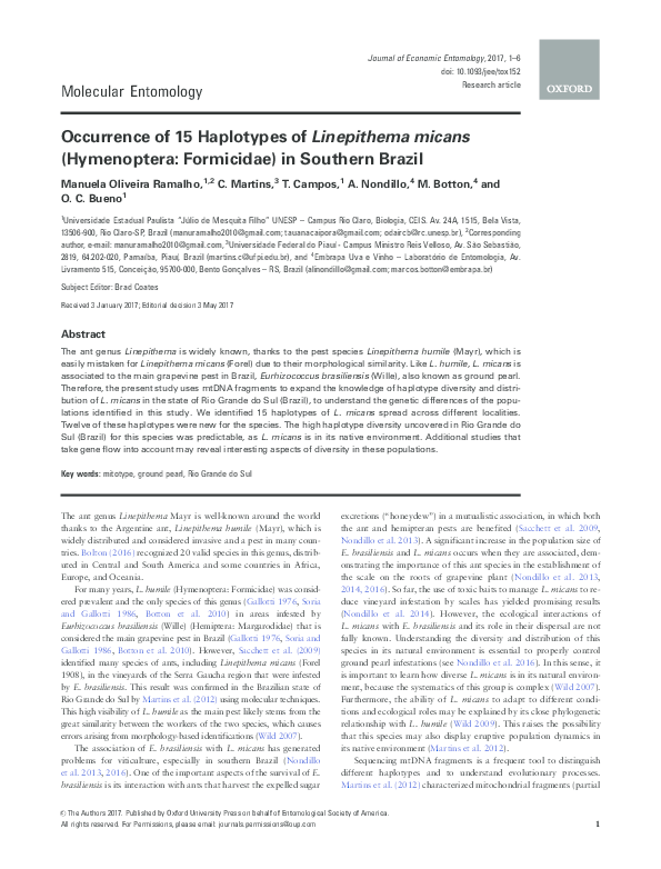 (PDF) Molecular Entomology Occurrence of 15 Haplotypes of Linepithema ...