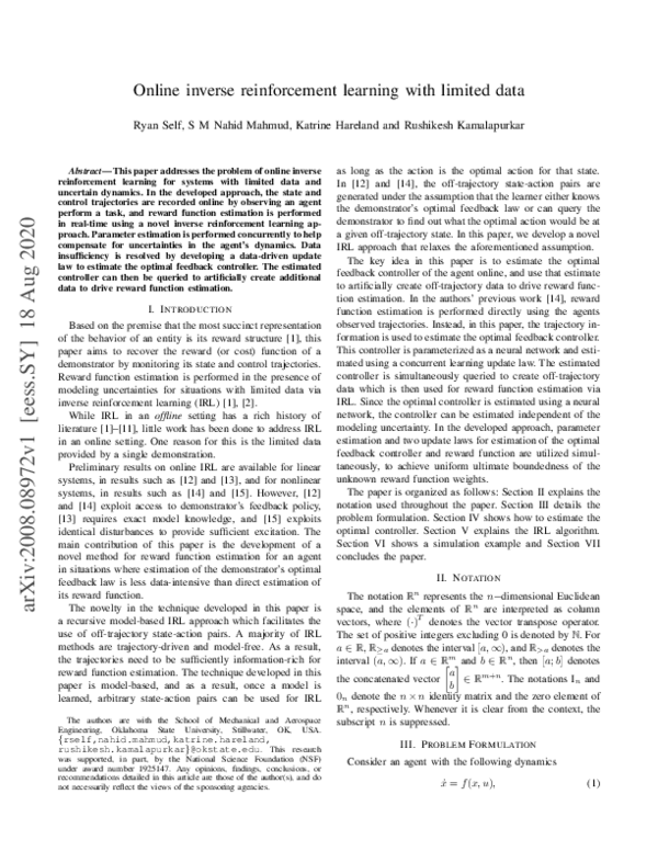 (PDF) Online inverse reinforcement learning with limited data