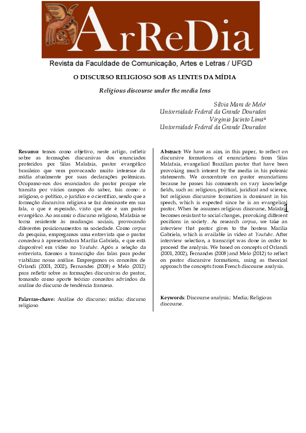 (PDF) O DISCURSO RELIGIOSO SOB AS LENTES DA MÍDIA Religious discourse ...