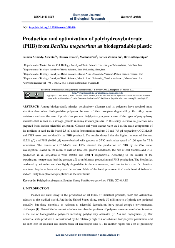 (PDF) Production and optimization of polyhydroxybutyrate (PHB) from Bacillus megaterium as ...