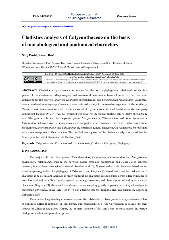 (PDF) Cladistics analysis of Calycanthaceae on the basis of morphological and anatomical characters