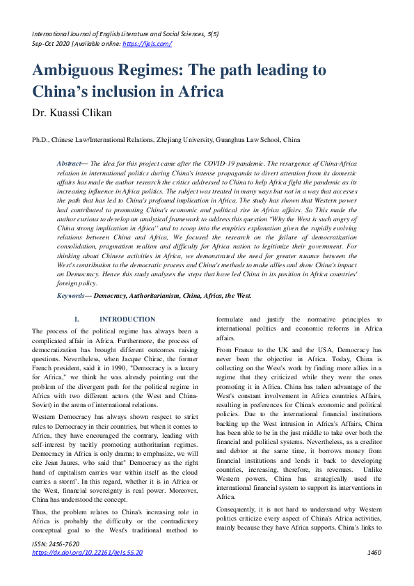 (PDF) Ambiguous Regimes: The path leading to China's inclusion in Africa