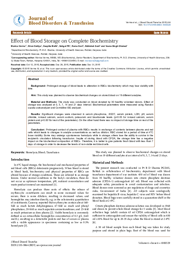 (PDF) Effect of Blood Storage on Complete Biochemistry