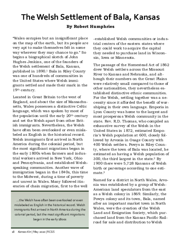 (PDF) The Welsh Settlement of Bala, Kansas