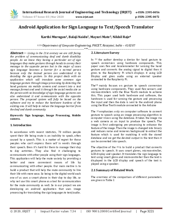 (PDF) IRJET- Android Application for Sign Language to Text/Speech Translator