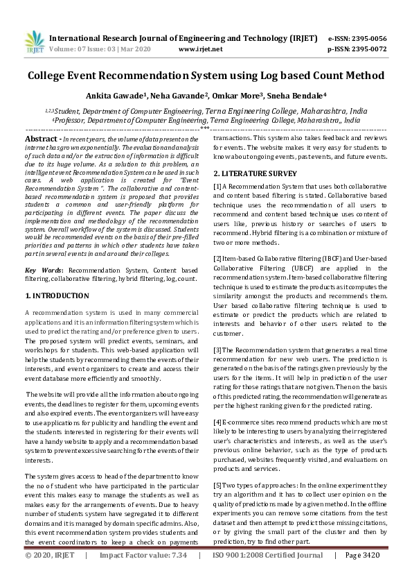 Pdf Irjet College Event Recommendation System Using Log Based Count Method