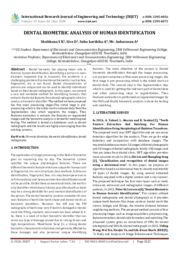 (PDF) DENTAL BIOMETRIC ANALYSIS OF HUMAN IDENTIFICATION