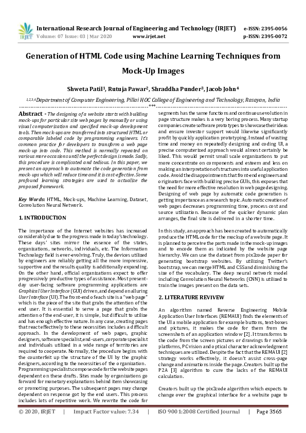 Pdf Irjet Generation Of Html Code Using Machine Learning Techniques From Mock Up Images