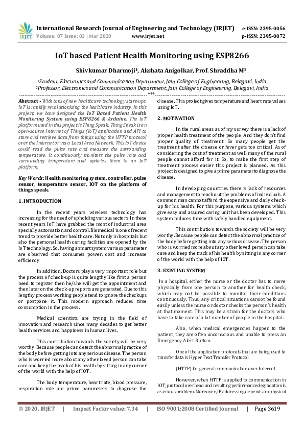 (PDF) IRJET- IoT based Patient Health Monitoring using ESP8266 (PDF) IRJET- IoT based Patient Health Monitoring using ESP8266
