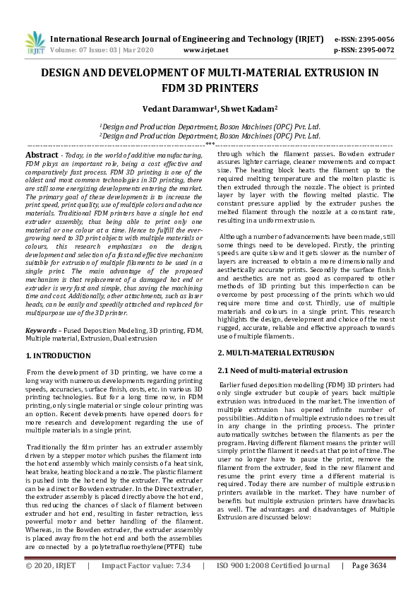 (PDF) IRJET- DESIGN AND DEVELOPMENT OF MULTI-MATERIAL EXTRUSION IN FDM 3D PRINTERS