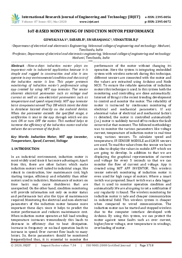 Pdf Irjet Iot Based Monitoring Of Induction Motor Performance