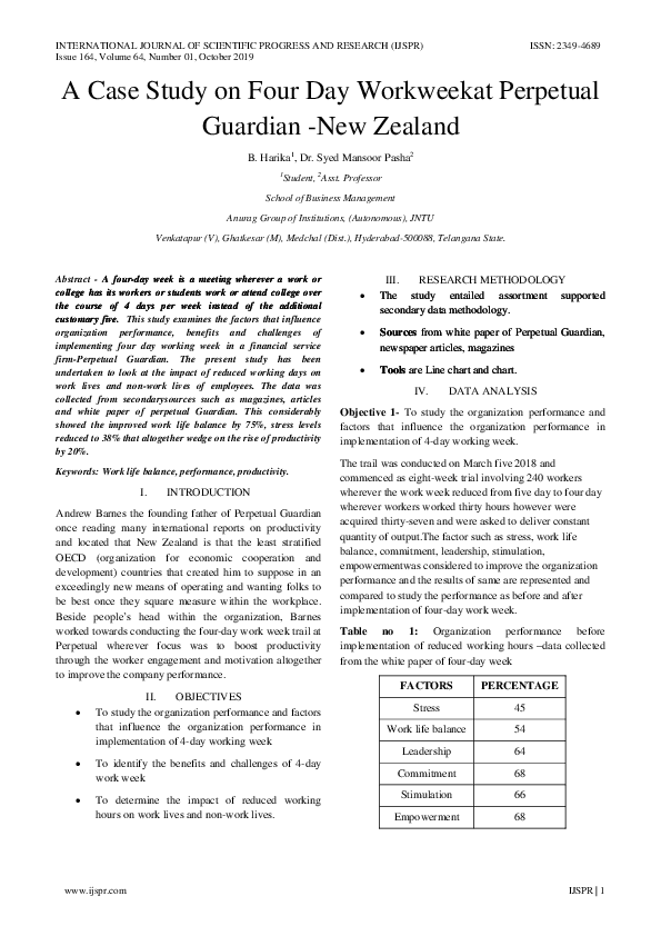 (PDF) A Case Study on Four Day Work week at Perpetual Guardian -New Zealand