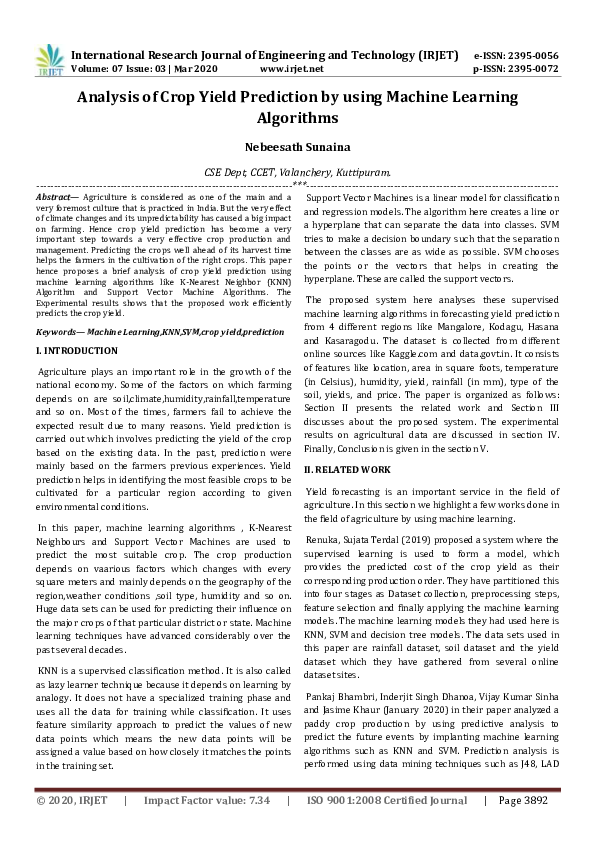 Pdf Irjet Analysis Of Crop Yield Prediction By Using Machine Learning Algorithms