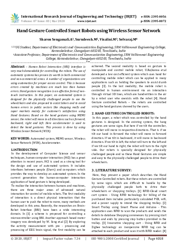 (PDF) IRJET- Hand Gesture Controlled Smart Robots using Wireless Sensor ...