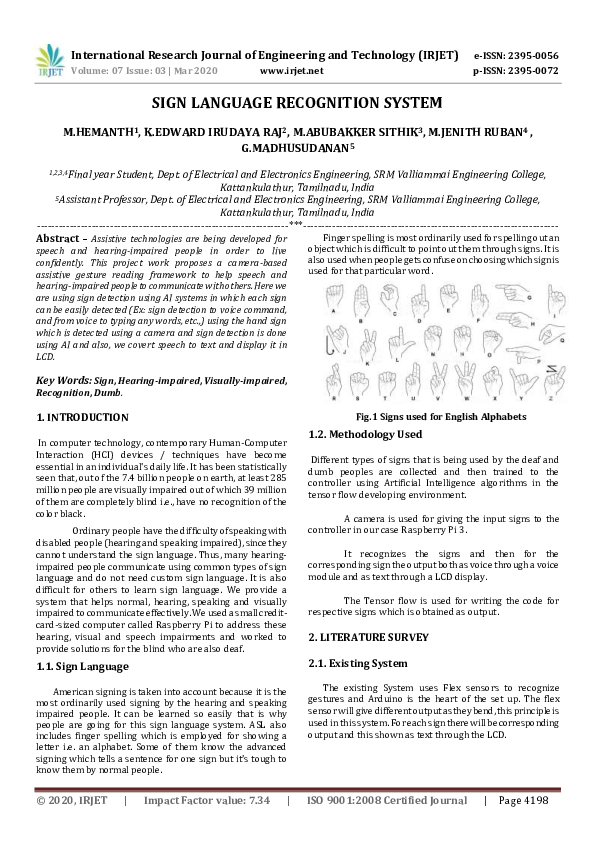 (PDF) IRJET- SIGN LANGUAGE RECOGNITION SYSTEM