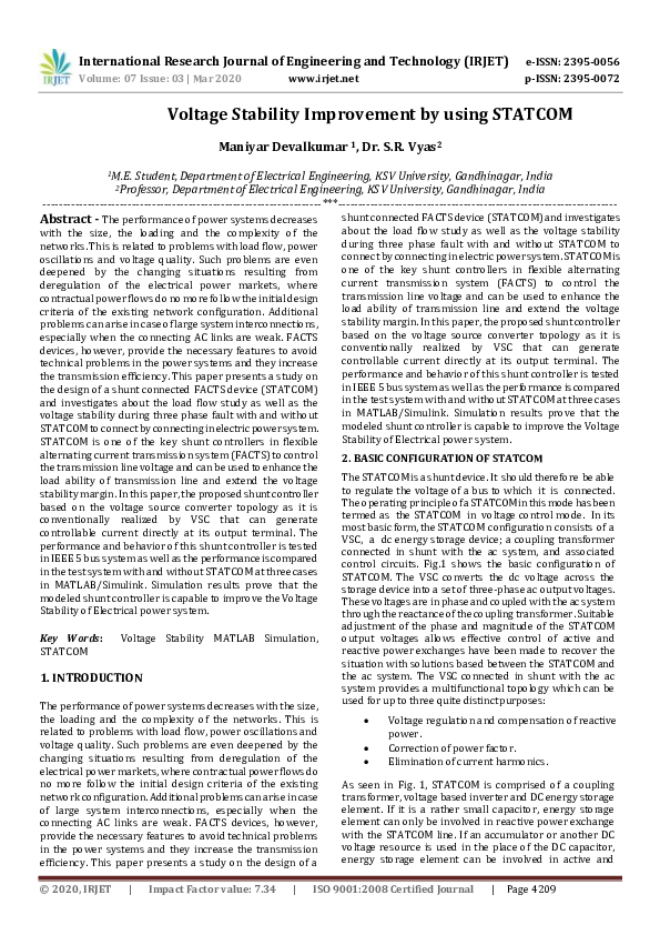 (PDF) IRJET- Voltage Stability Improvement by using STATCOM