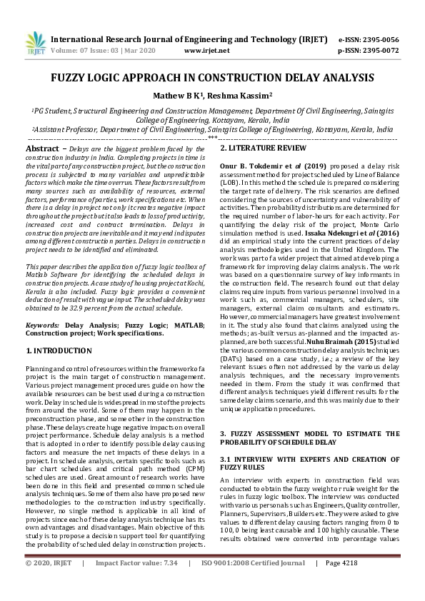 (PDF) IRJET- FUZZY LOGIC APPROACH IN CONSTRUCTION DELAY ANALYSIS