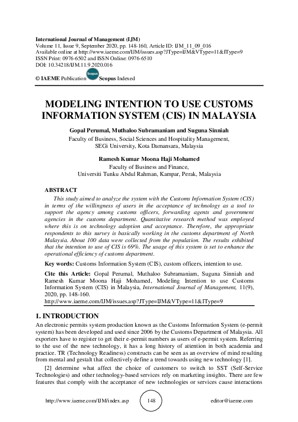 (PDF) MODELING INTENTION TO USE CUSTOMS INFORMATION SYSTEM (CIS) IN ...