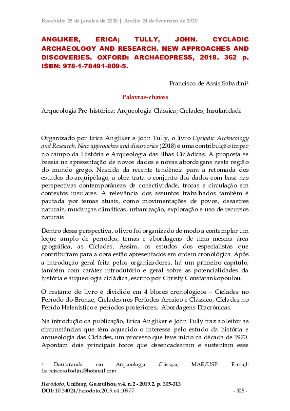 (PDF) Resenha - ANGLIKER, ERICA; TULLY, JOHN. CYCLADIC ARCHAEOLOGY AND ...