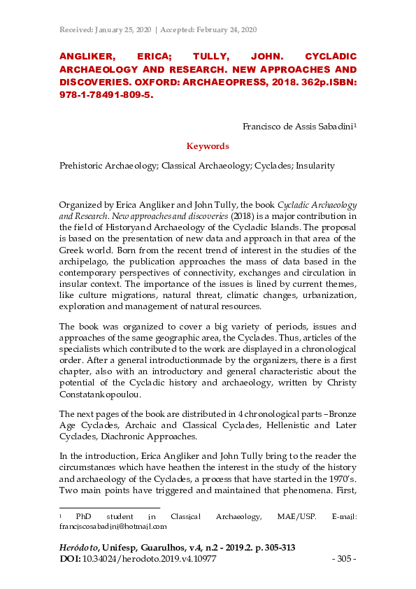 (PDF) Review - ANGLIKER, ERICA; TULLY, JOHN. CYCLADIC ARCHAEOLOGY AND ...