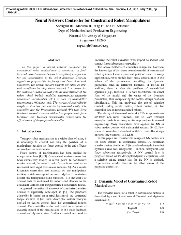 (PDF) Neural Network Controller for Constrained Robot Manipulators