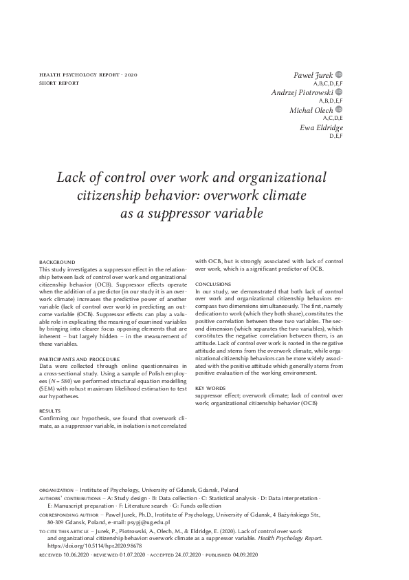 (PDF) Lack of control over work and organizational citizenship behavior ...
