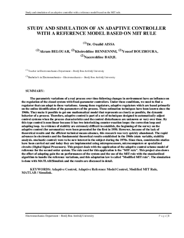 (PDF) Study and simulation of an adaptive controller with a reference model based on the MIT ...