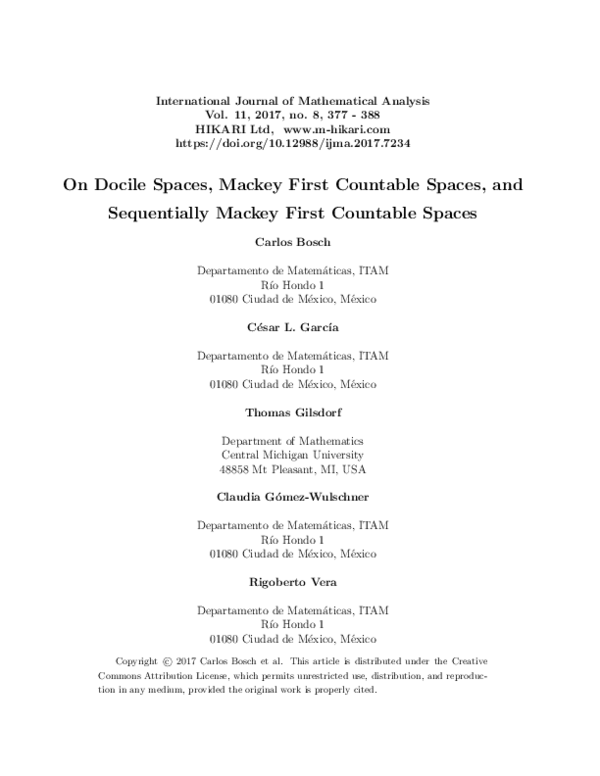 (PDF) On Docile Spaces, Mackey First Countable Spaces, and Sequentially Mackey First Countable ...