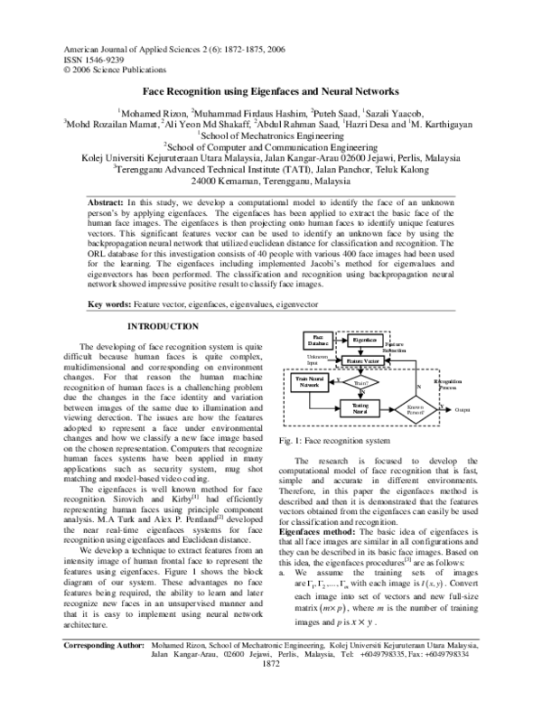 (PDF) Face Recognition using Eigenfaces and Neural Networks