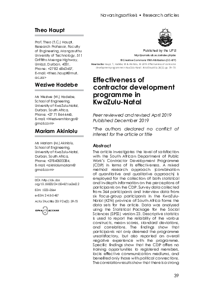 (PDF) Effectiveness of contractor development programme in KwaZulu-Natal