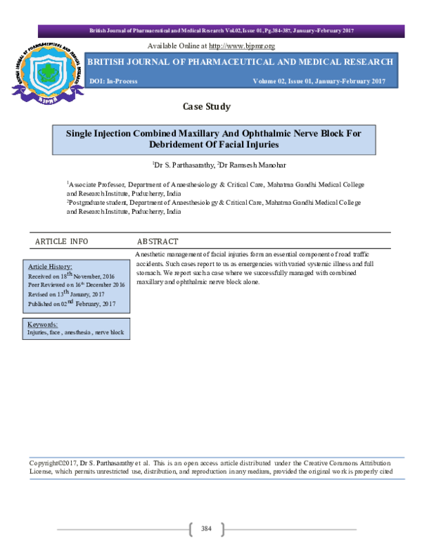 (PDF) Single Injection Combined Maxillary And Ophthalmic Nerve Block ...