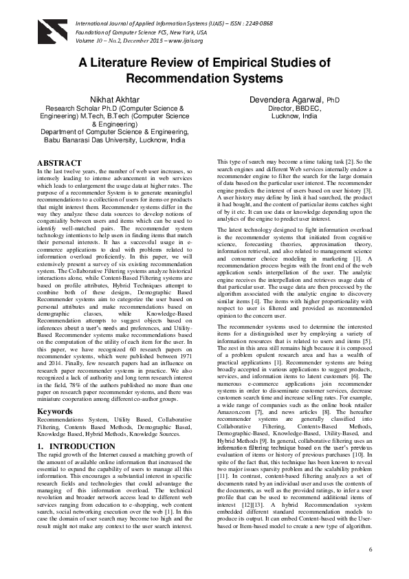 (PDF) A Literature Review of Empirical Studies of Recommendation Systems