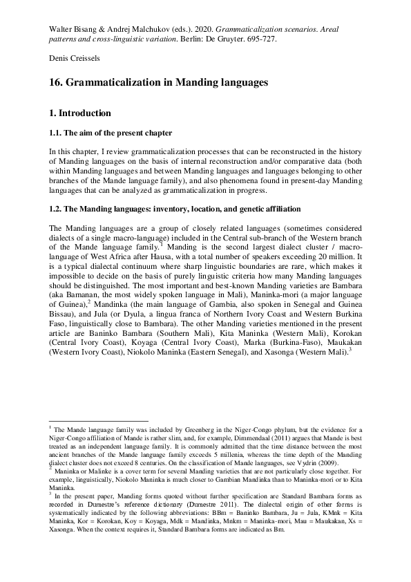 (PDF) Grammaticalization in Manding languages | Denis Creissels ... (PDF) Grammaticalization in Manding languages | Denis Creissels ...