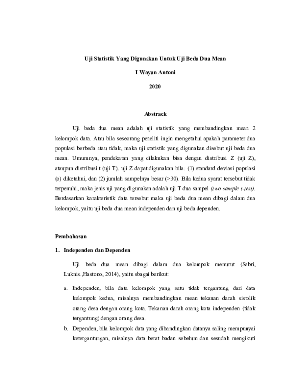 Uji Statistik Yang Digunakan Untuk Uji Beda Dua Mean