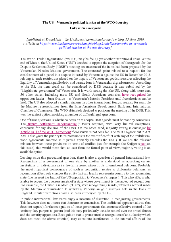(PDF) The US -Venezuela political tension at the WTO doorstep
